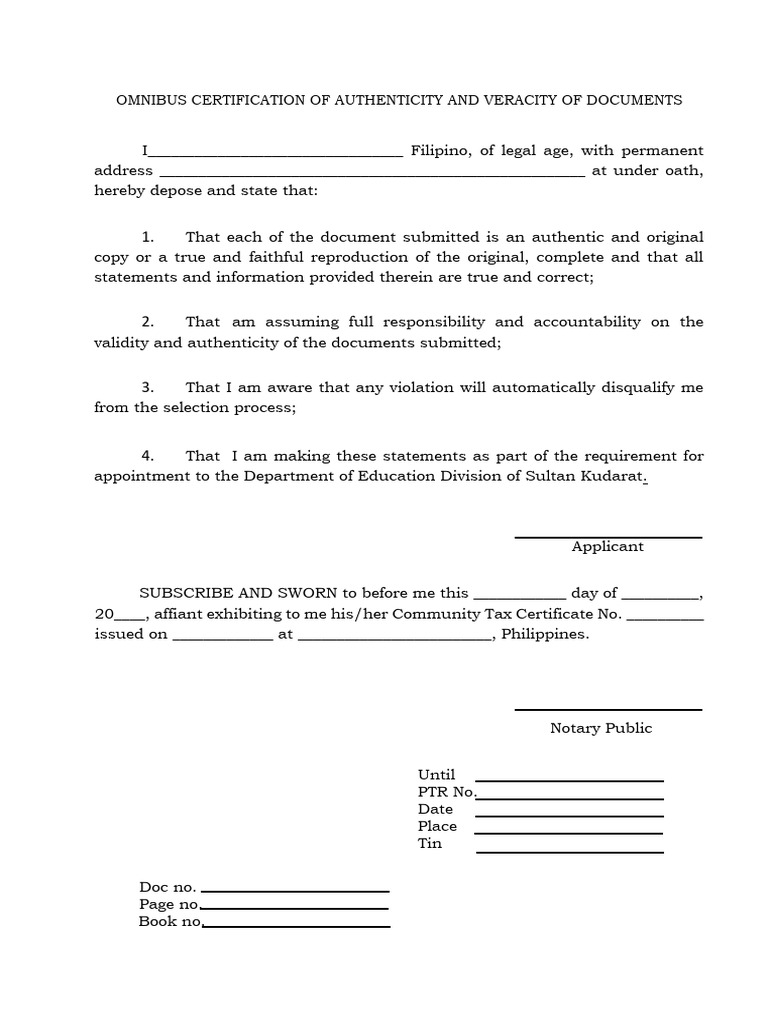 Omnibus Certification of Document Authenticity | PDF