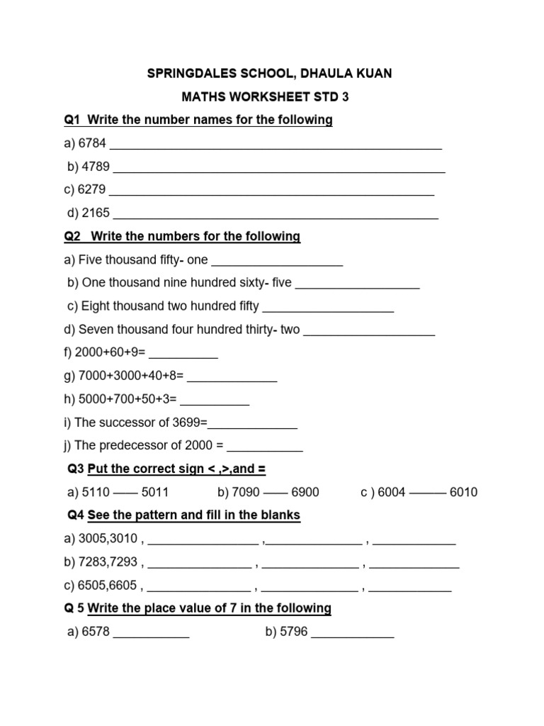 Class 3 Large Numbers Worksheet | PDF