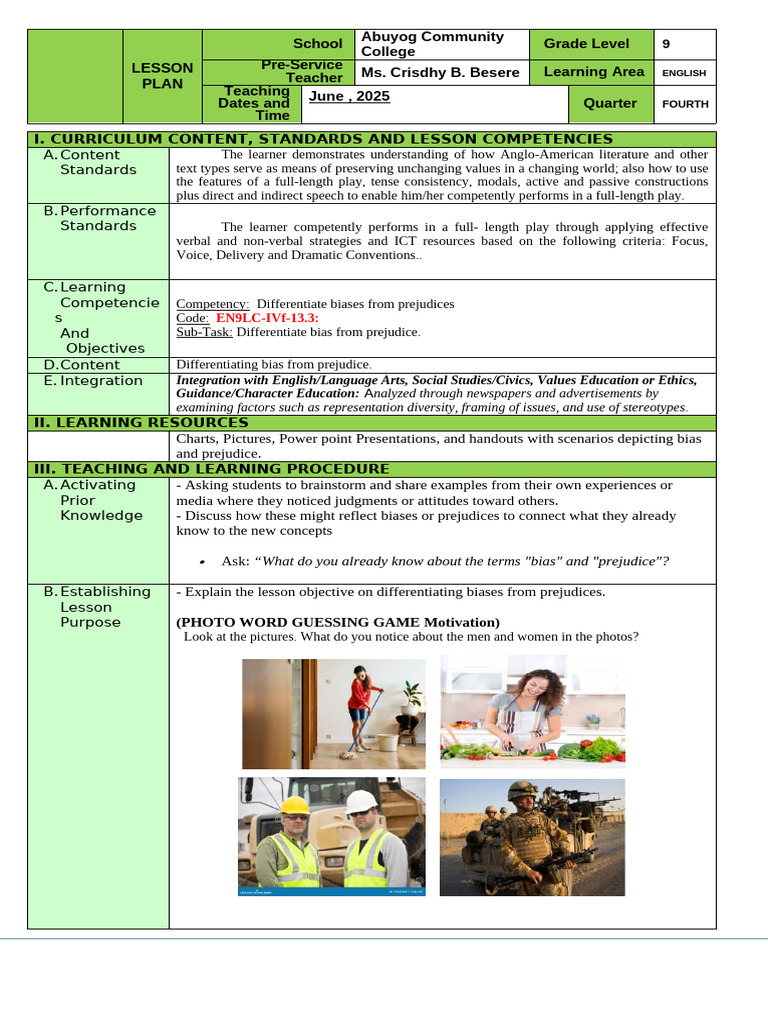 Grade 9 Lesson Plan: Bias vs. Prejudice | PDF | Bias | Learning