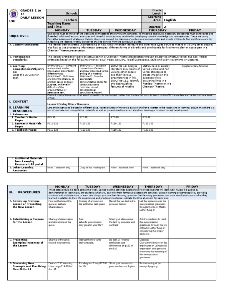 Weekly English Lesson Plan for Grade 9 | PDF | Learning | Curriculum