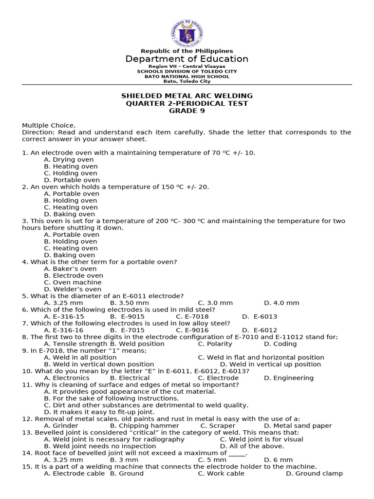 Grade 9 Shielded Metal Arc Welding Test | PDF | Welding | Construction