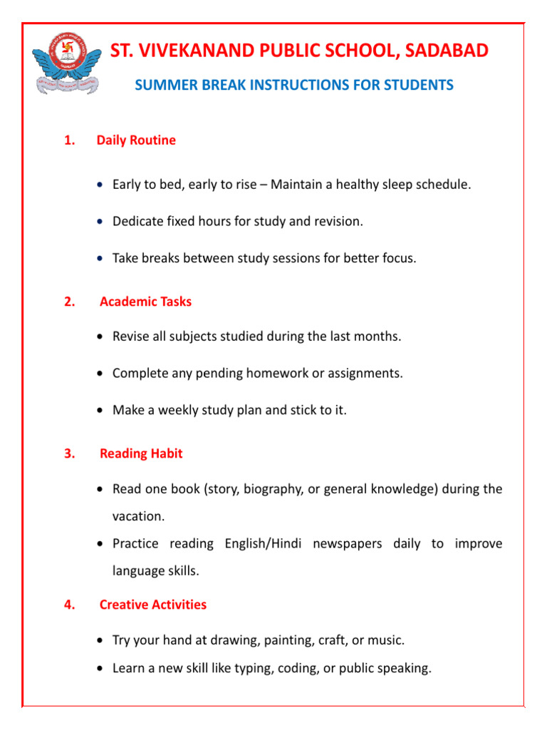 Summer Break Guidelines for Students | PDF