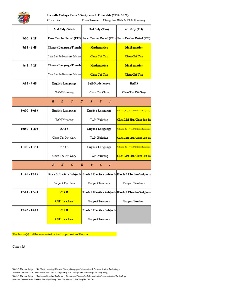 2024-25 T2 Mark Checking Timetable Class F5 | PDF