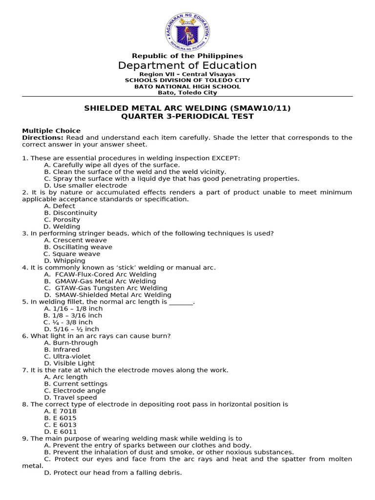 SMAW Periodical Test for Students | PDF | Welding | Construction