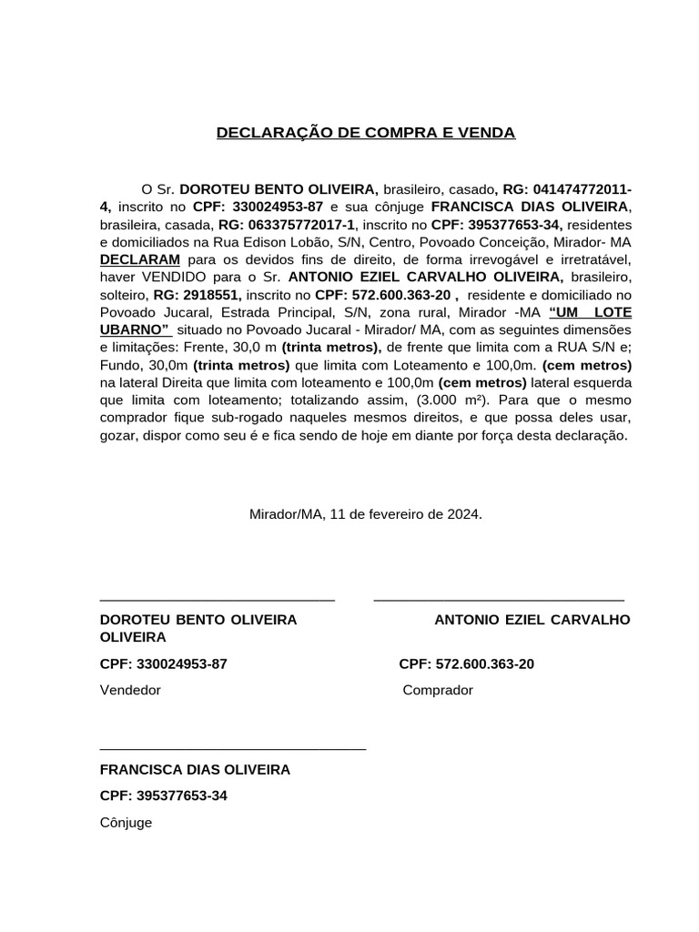Declaração de Compra e Venda | PDF