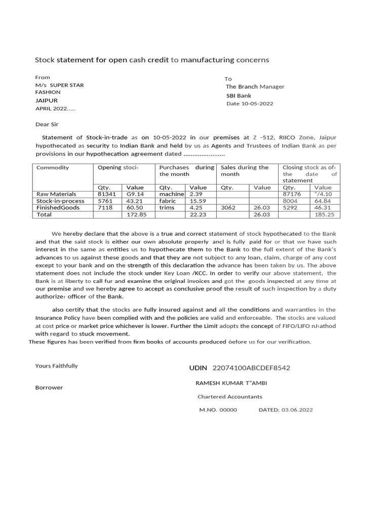 Stock Statement for Cash Credit | PDF | Banks | Money