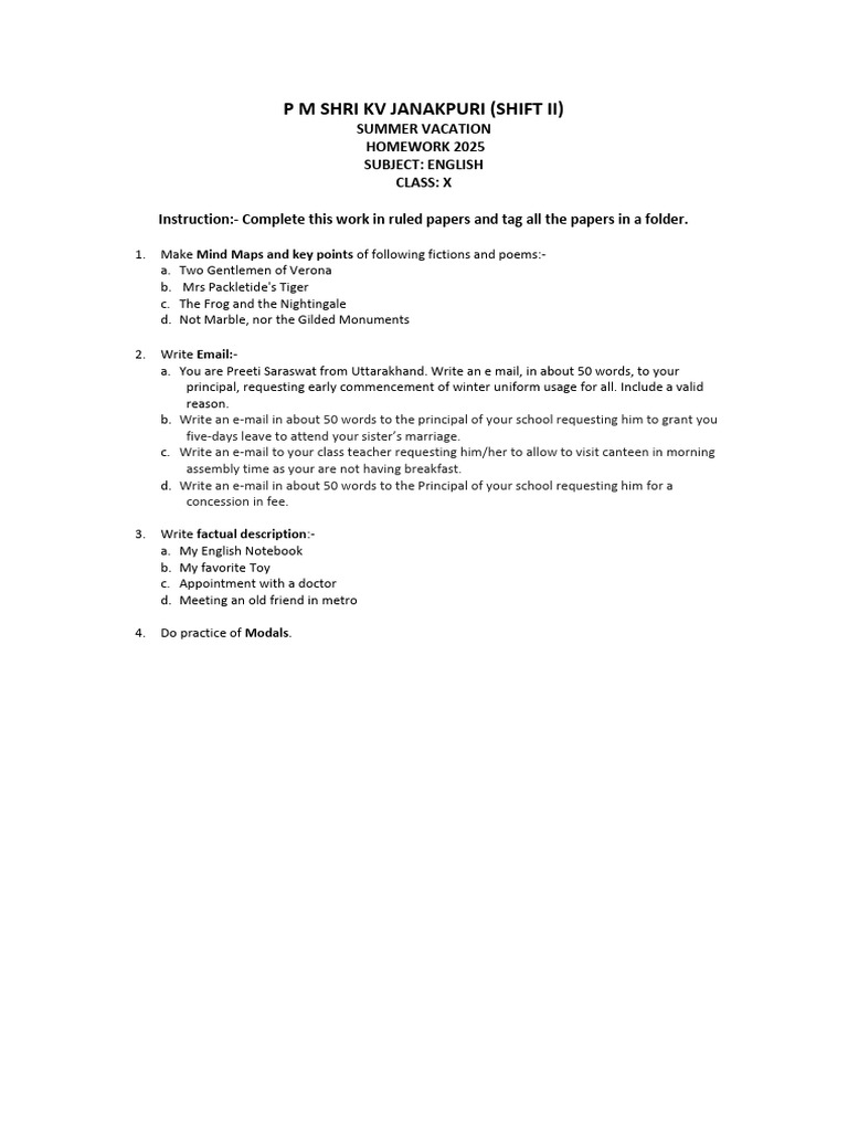 X Eng HHW Summer 2025 | PDF