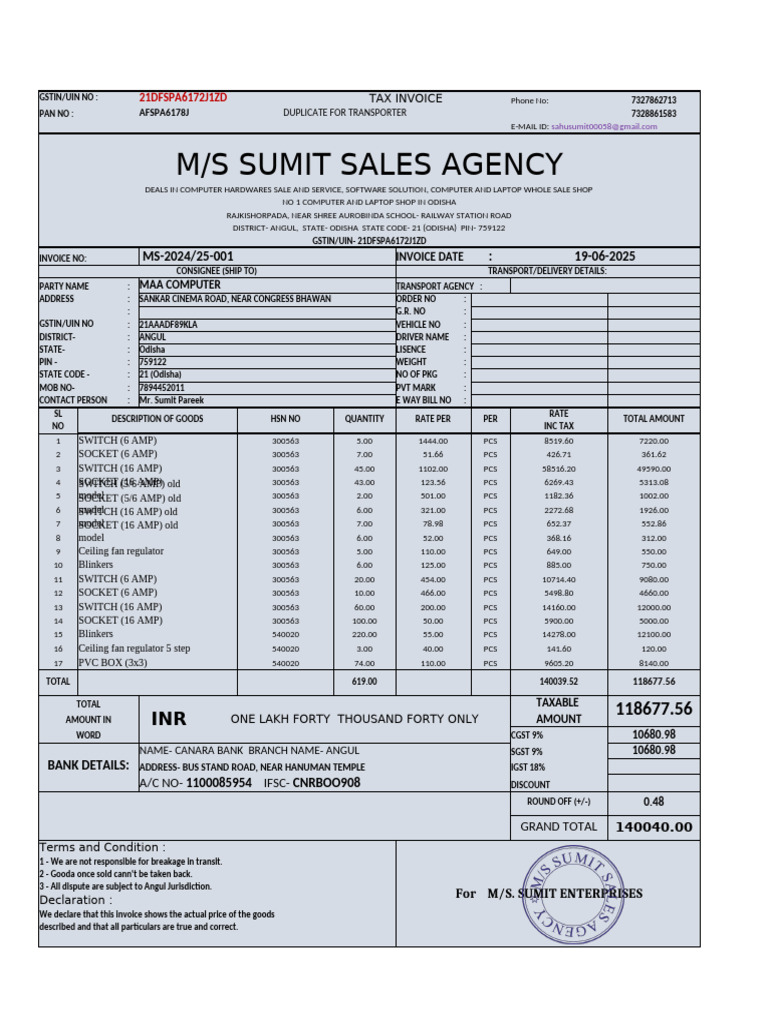 Ms Sumit Sales Agency Sale Bill | PDF | Computer Engineering | Computer Architecture