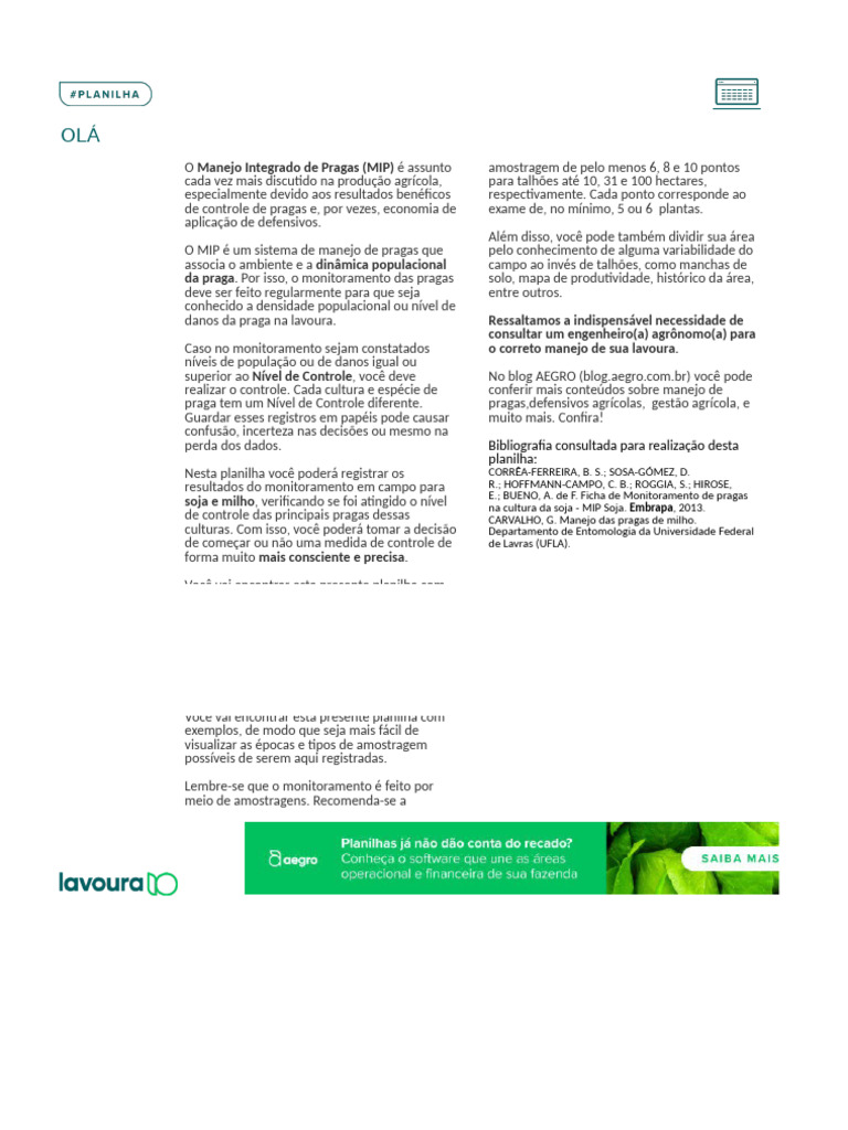 Planilha Manejo Integrado Pragas Mip | PDF | Agricultura | Agronomia