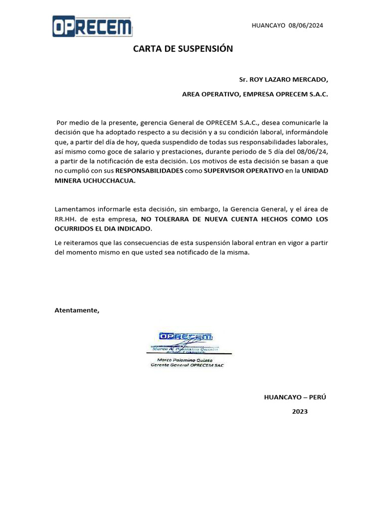 Carta de Suspension - Supervisor Operativo | PDF