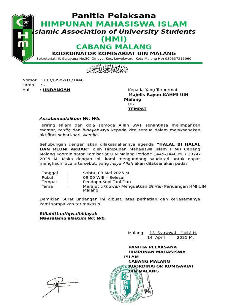 Undangan Halal Bi Halal HMI UIN Malang | PDF