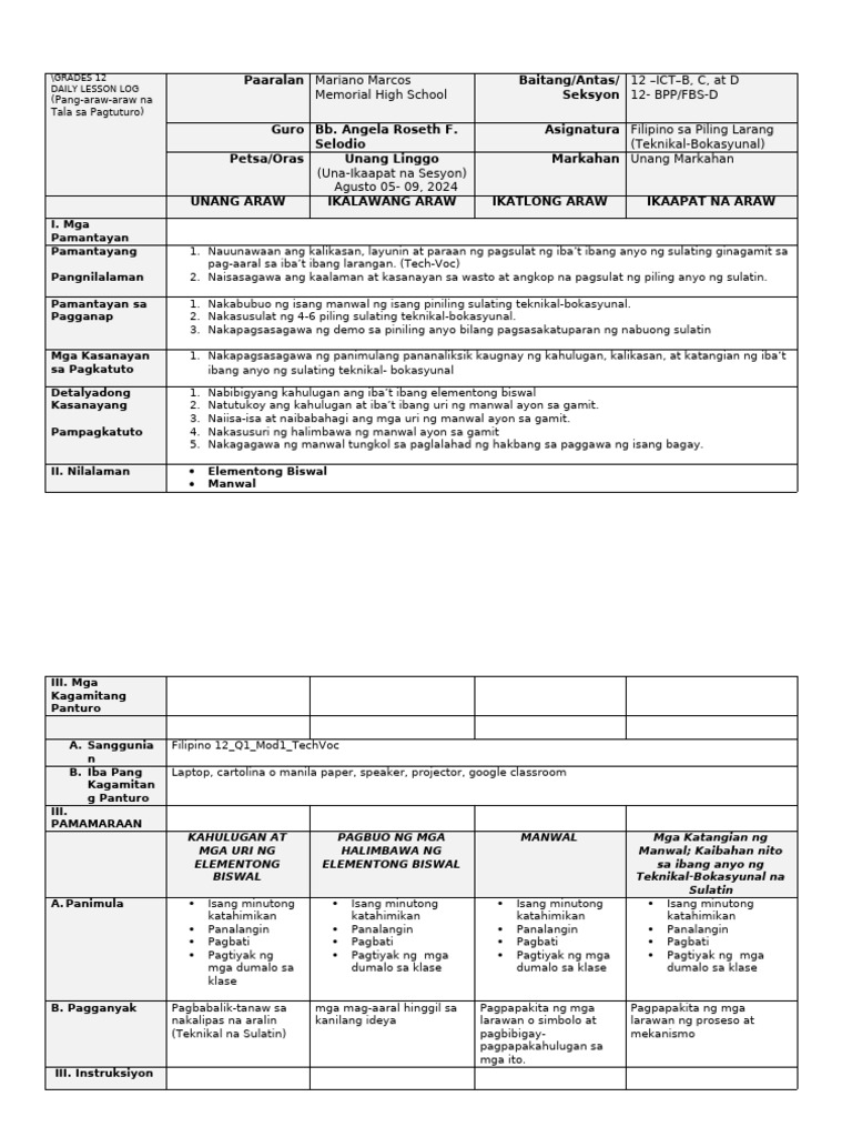Pagsulat q1 w2 Daily Lesson Log | PDF