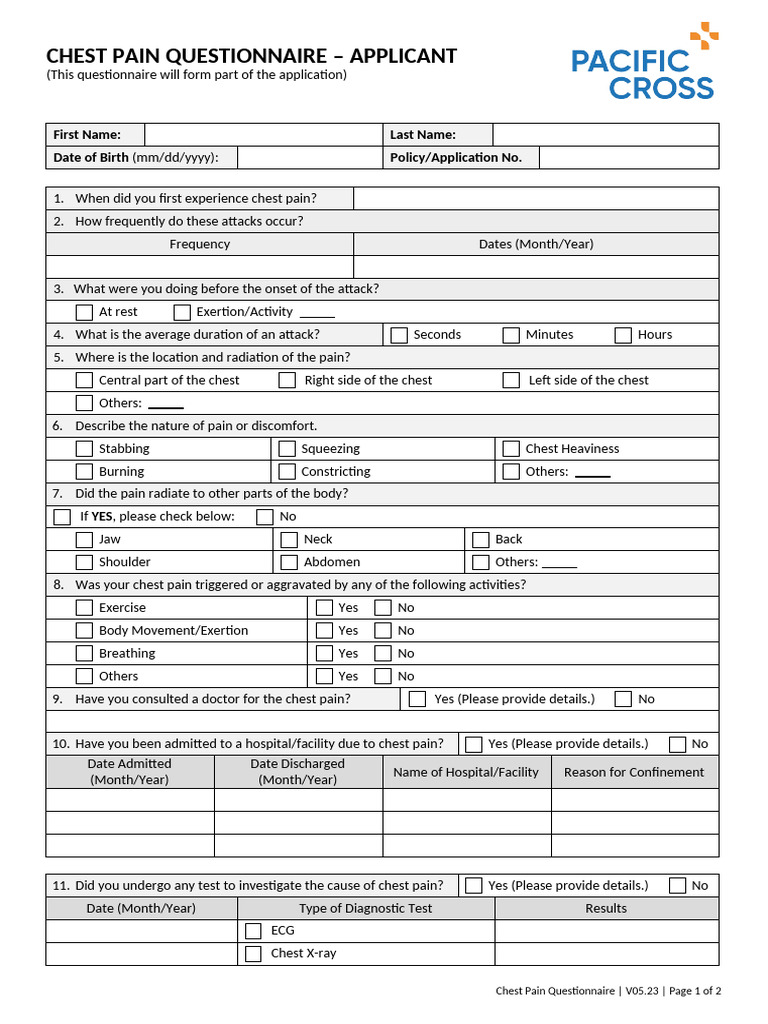 Chest Pain Questionnaire - Applicant - 2023-05 (May 23) (Final) | PDF ...