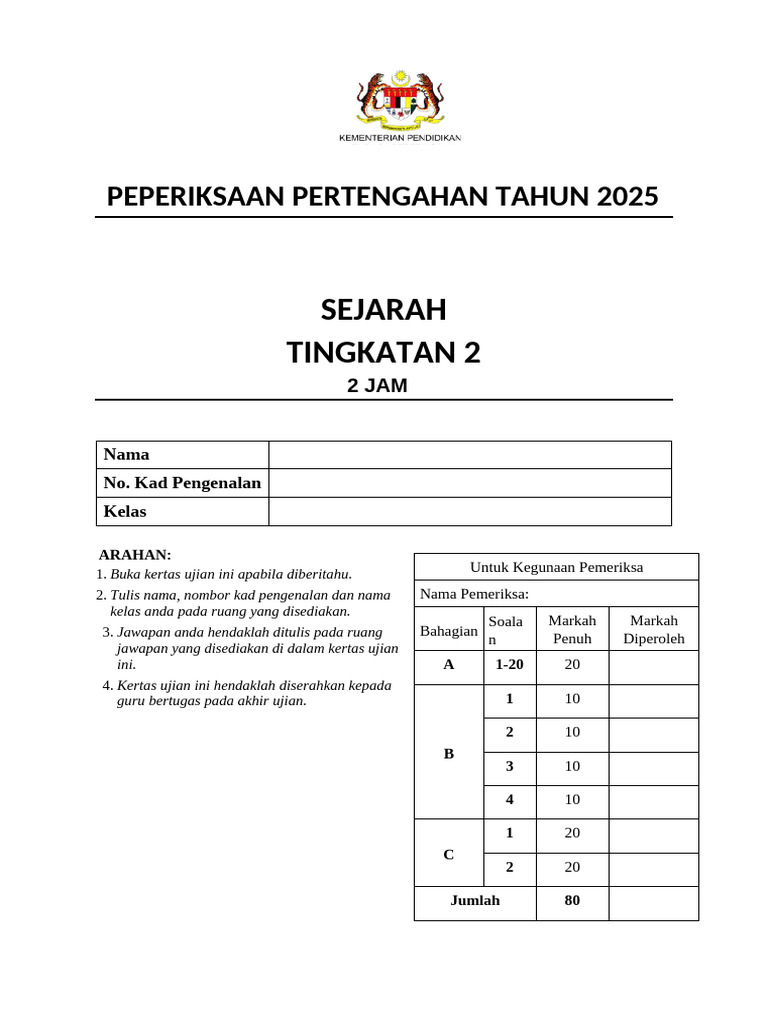 Kertas Peperiksaan Sejarah Tingkatan 2 | PDF