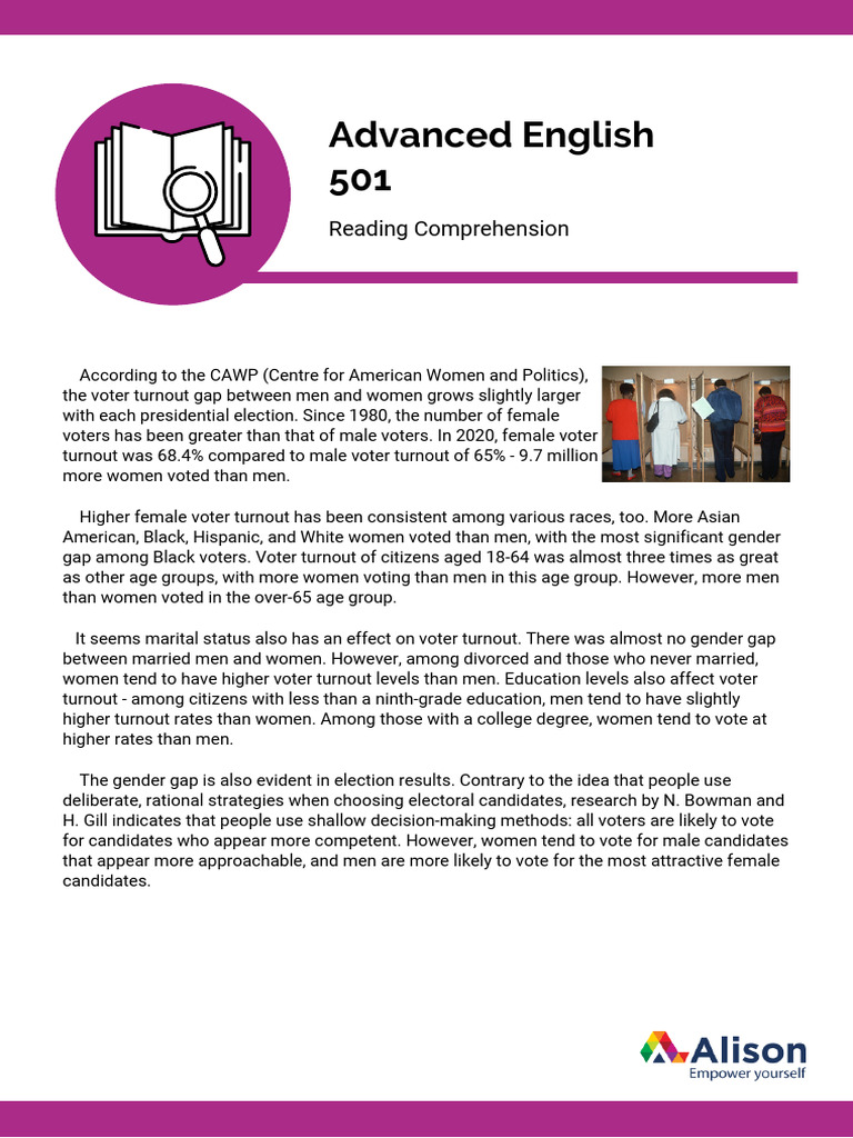 Advanced English 501: Reading Comprehension | PDF | Voter Turnout | Voting