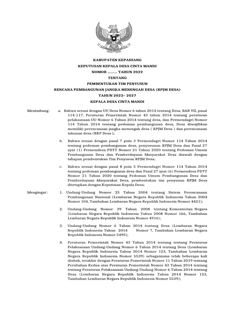 SK Tim Penyusun RPJM Desa Cinta Mandi | PDF