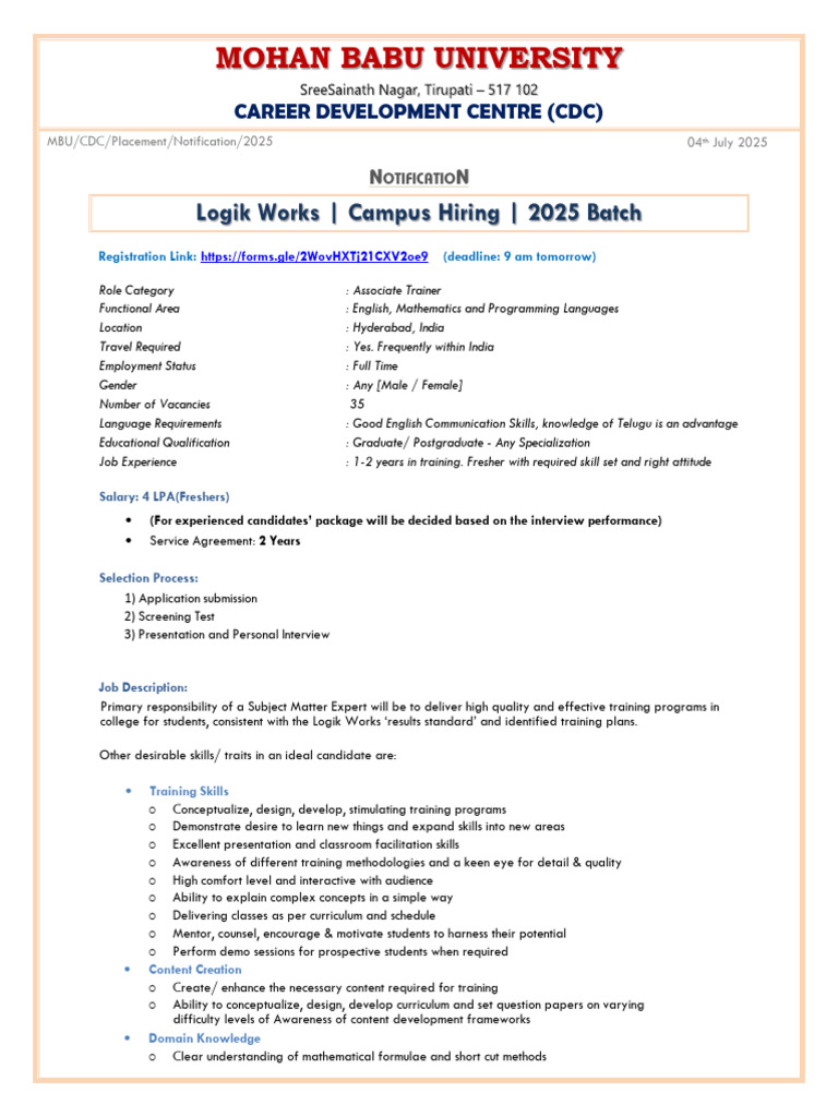 Logik Works Campus Recruitment Notification | PDF | Knowledge | Skill