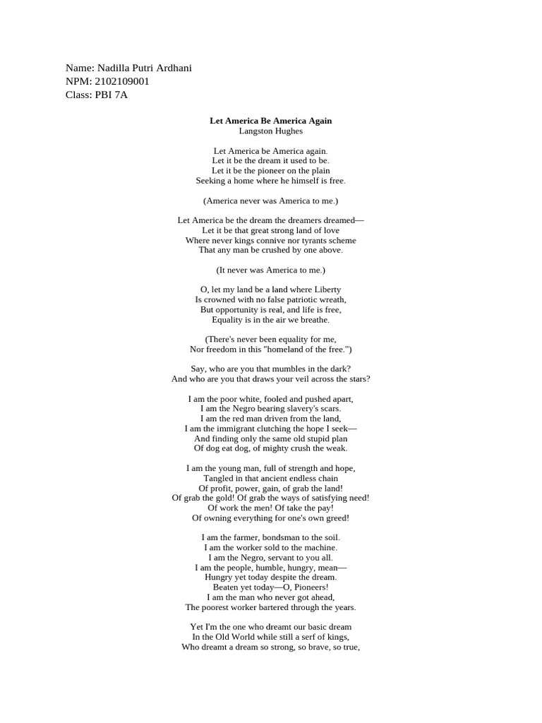 America: Dream vs. Reality in Hughes' Poem | PDF