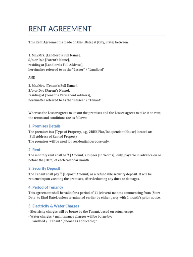 Residential Rent Agreement Template | PDF | Lease | Leasehold Estate