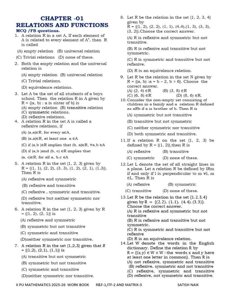 PU Mathematics Workbook: Relations & Functions | PDF | Function ...