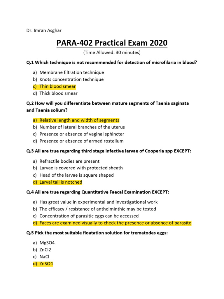 PARA-402 Practical Exam Questions 2020 | PDF | Microbiology | Parasitism