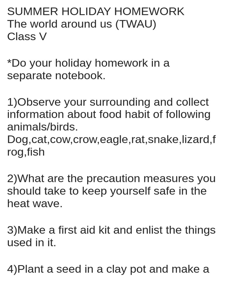Summer Holiday Homework 2025-26 (Class 5) | PDF