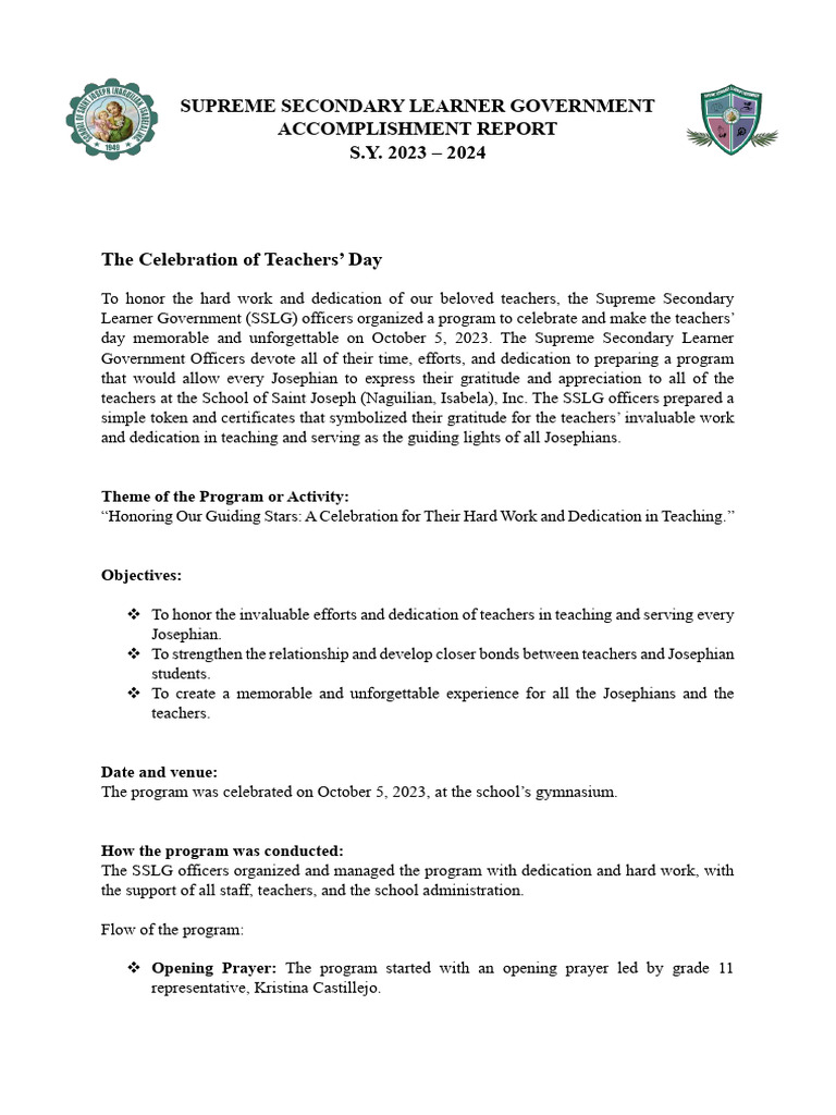 SSLG Accomplishment Report (2023-2024) | PDF | Disciplines | Teachers