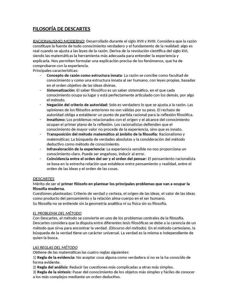 Filosofía de Descartes: Racionalismo y Método | PDF | René Descartes ...