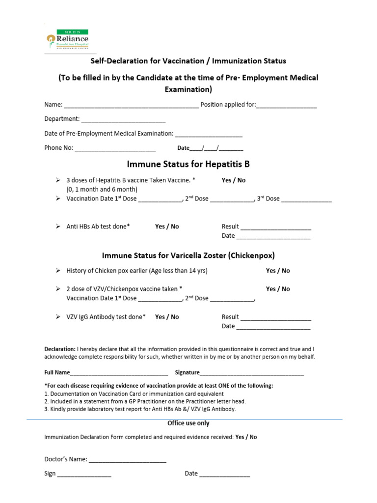 Vaccination Status Self-Declaration Form | PDF