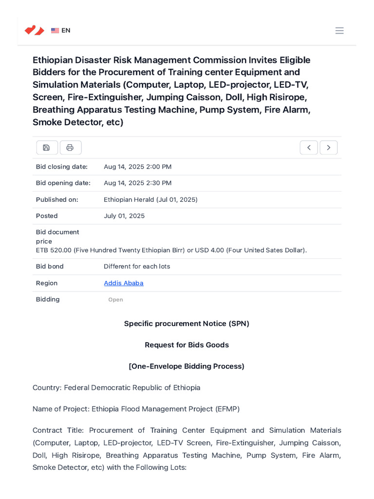 Specific Procurement Notice (SPN) Request For Bids Goods (One-Envelope Bidding Process) | PDF ...