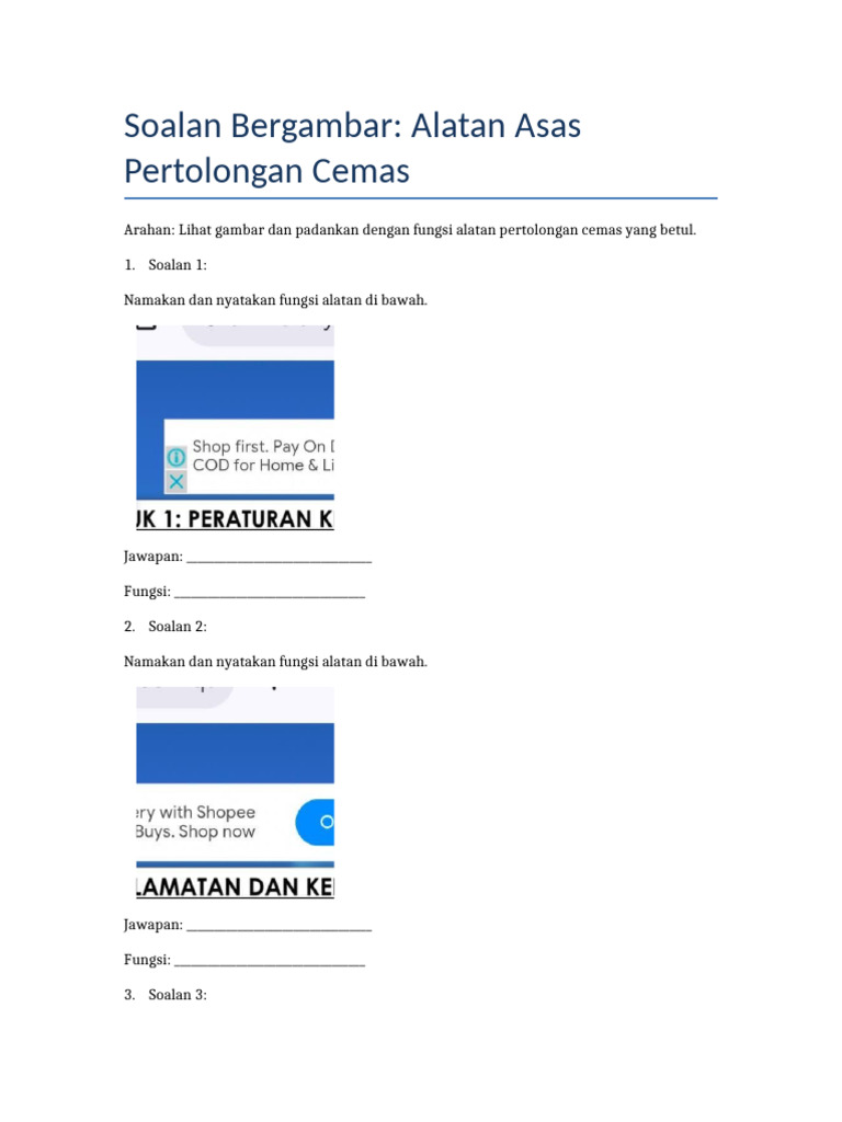 Soalan Bergambar Alatan Pertolongan Cemas Bergambar | PDF