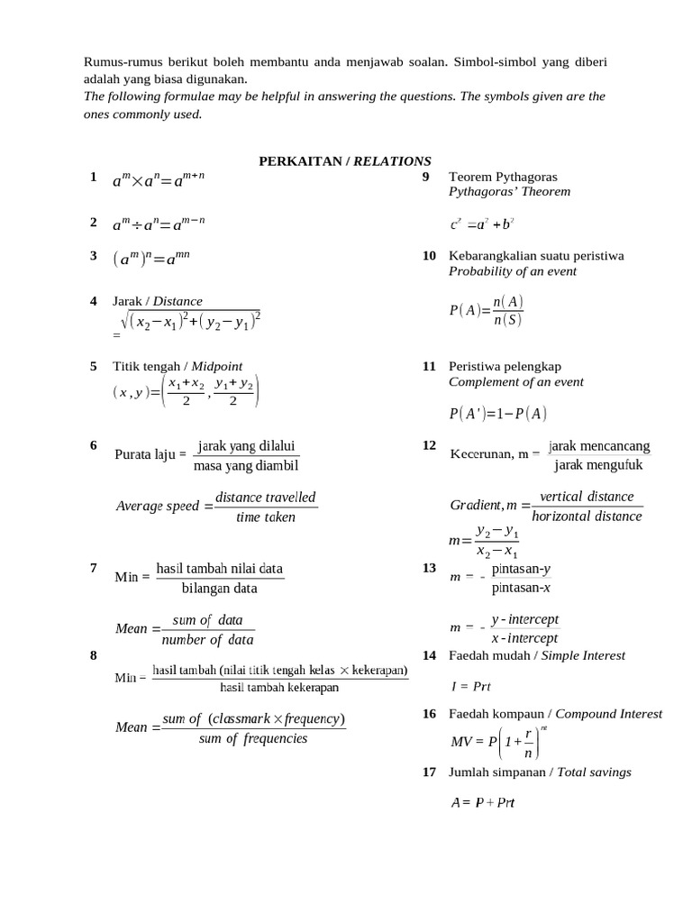 Senarai Rumus Matematik SPM | PDF | Area | Volume