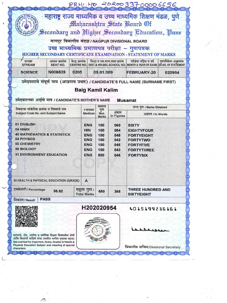 HSC Marksheet | PDF