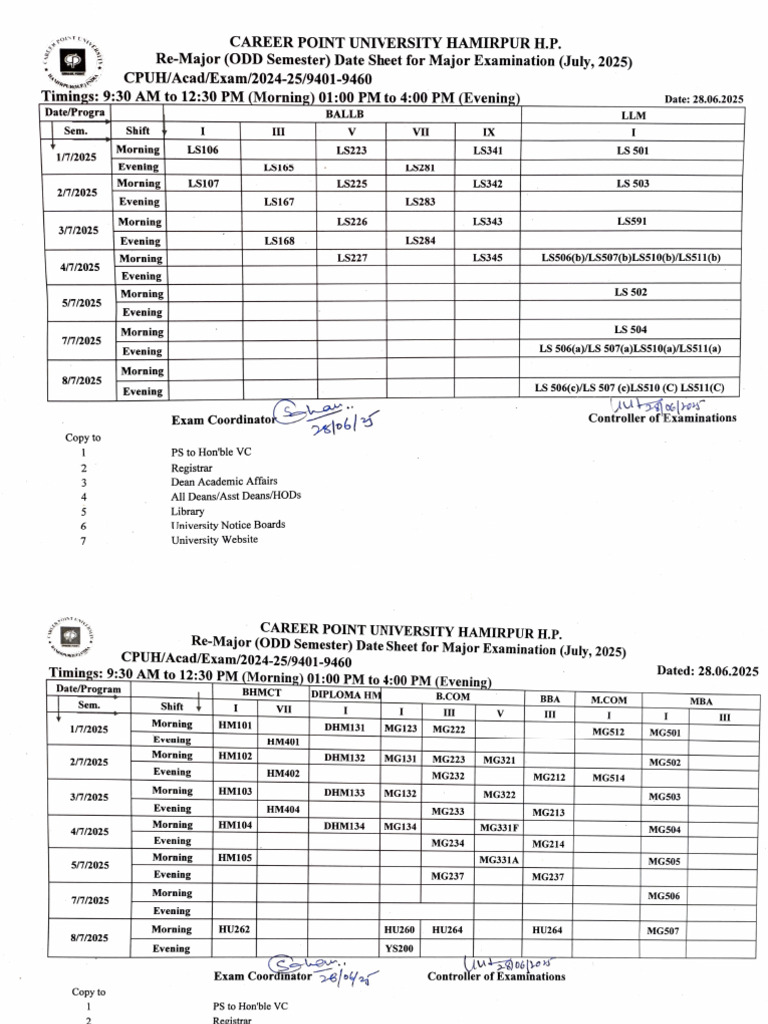 Date Sheet ReMajor Exam Odd Semester July 2025 | PDF