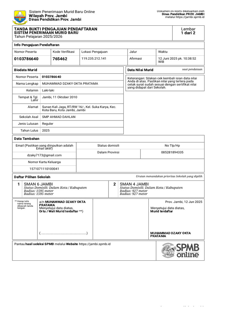 Tanda Bukti Pengajuan Pendaftaran - 0103786640 - Muhammad Dzaky Okta Pratama | PDF