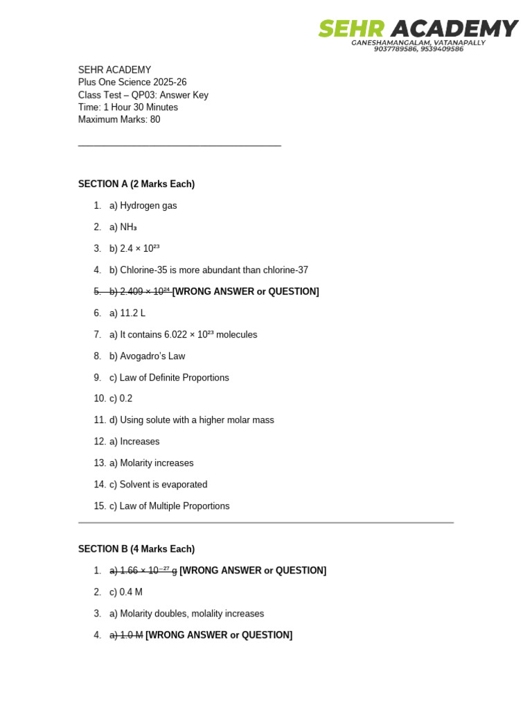Plus One Science Class Test Answer Key | PDF