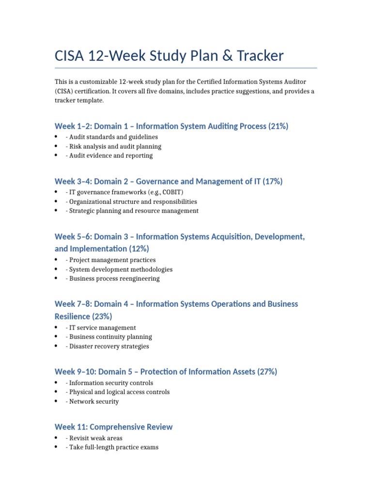 CISA 12 Week Study Plan and Tracker | PDF | Risk | Business