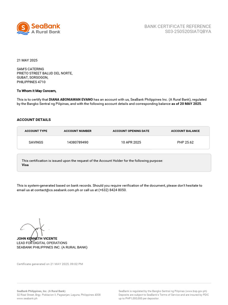 SeaBank Account Ownership Certificate | PDF