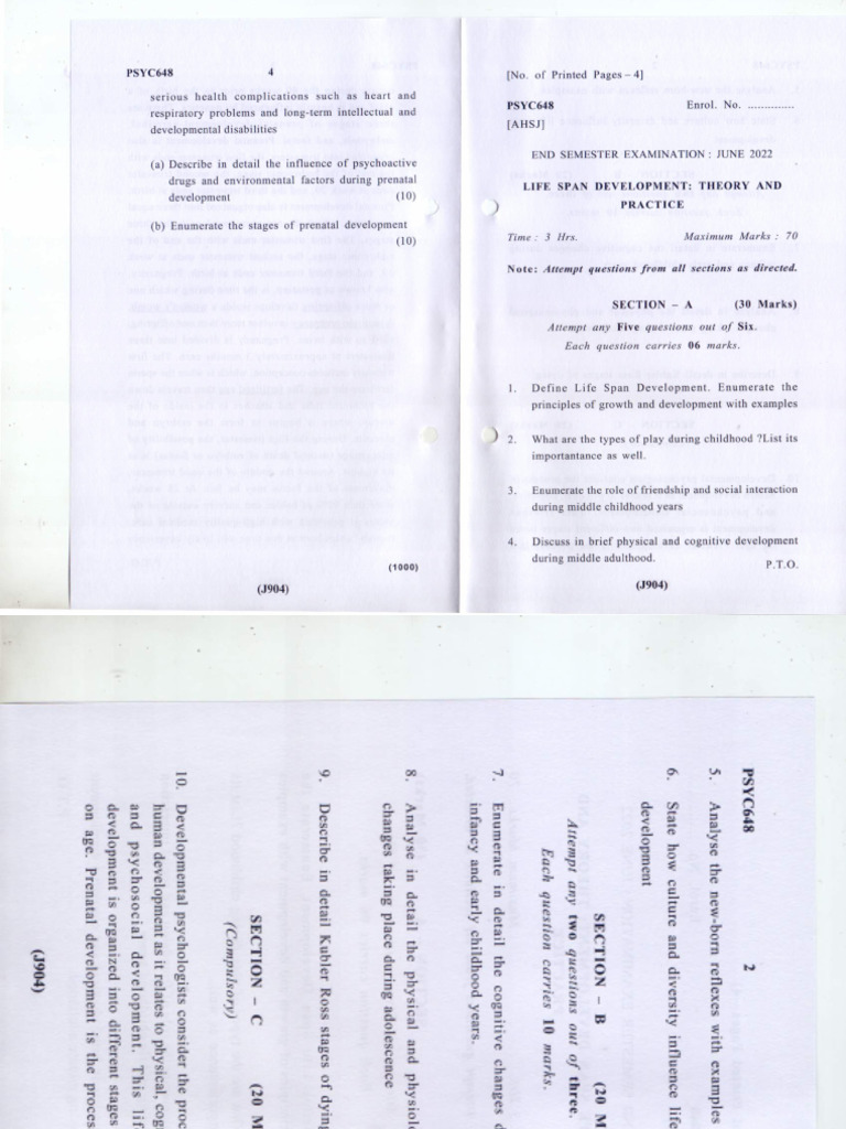 Life Span Development Theory and Practice, (PSYC648), APRIL-MAY-22 | PDF