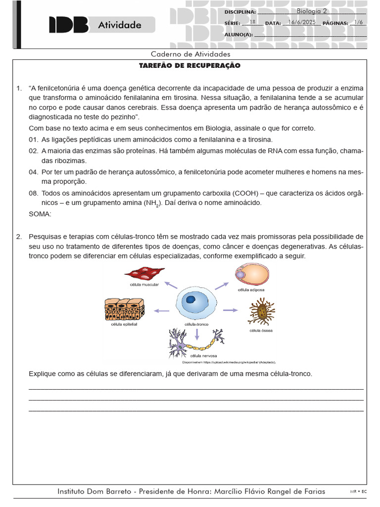 1serie Tarefao Bio2 16 06 2025 | PDF | Gene | Célula (Biologia)