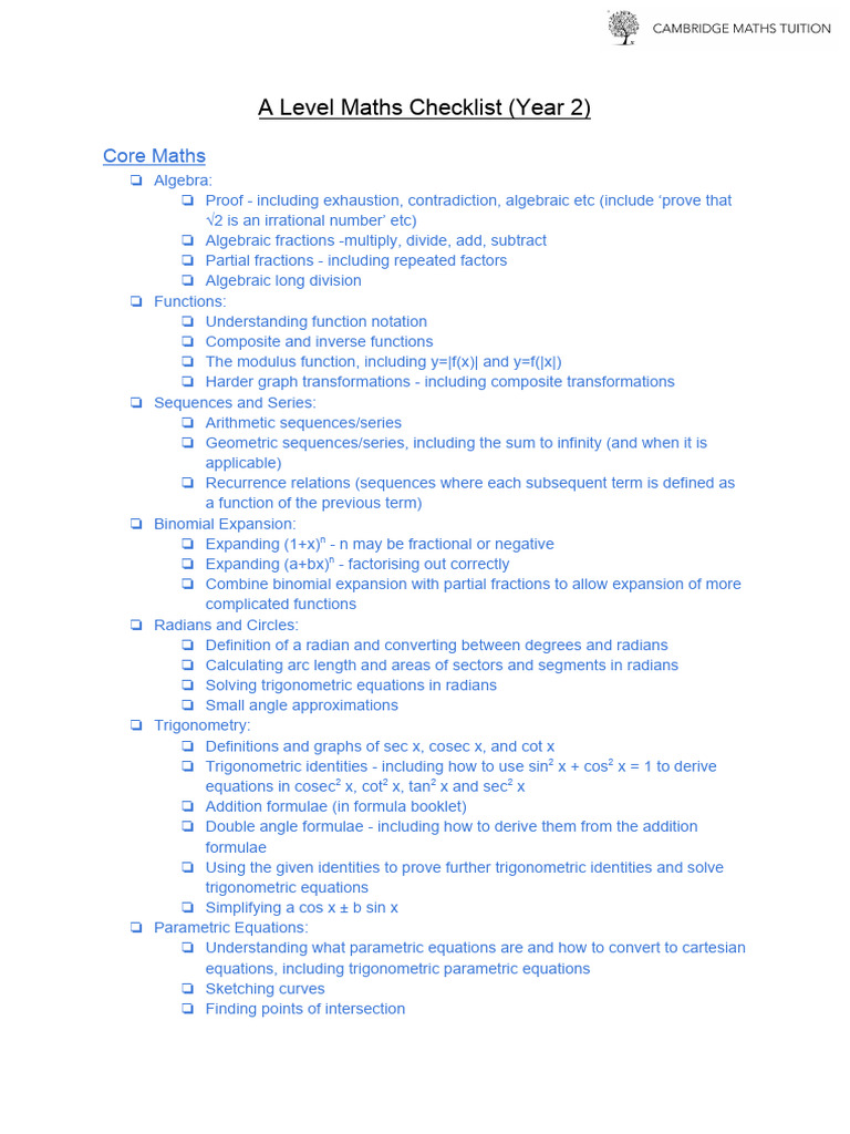 A Level Maths Checklist (Year 2) | PDF | Trigonometric Functions ...