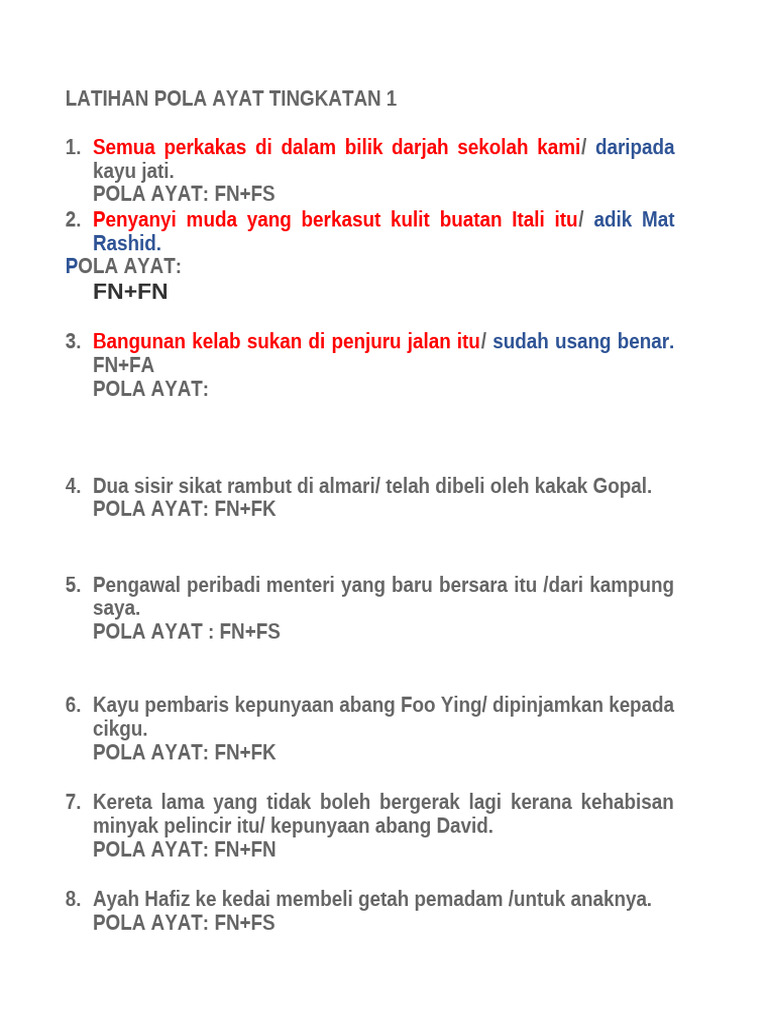 Latihan Pola Ayat Tingkatan 1 | PDF