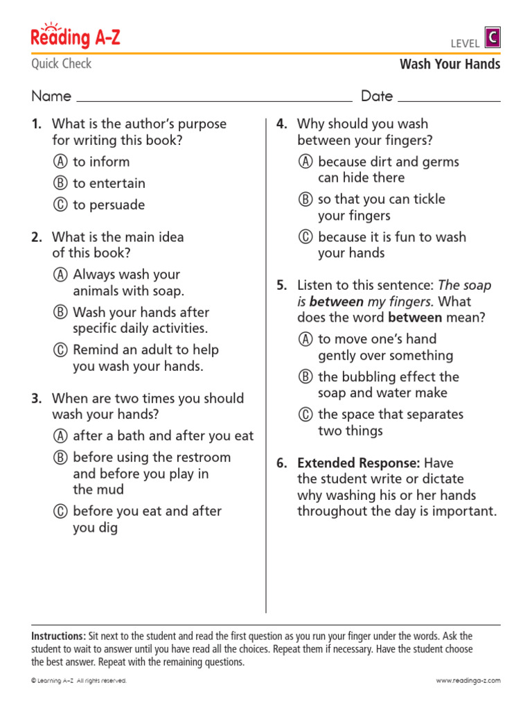 Raz Cqlc54 Washyourhands | PDF | Reading Comprehension | Learning
