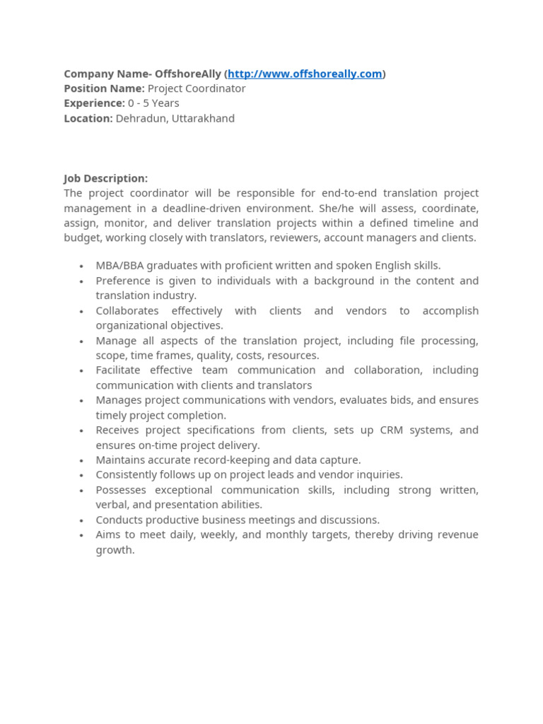 Project Coordinator - OffshoreAlly | PDF