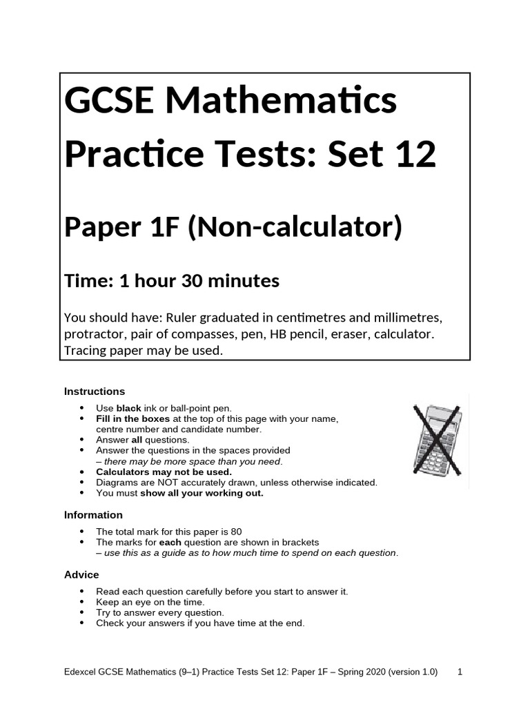 GCSE Maths Practice Test Paper 1F | PDF | Mathematics