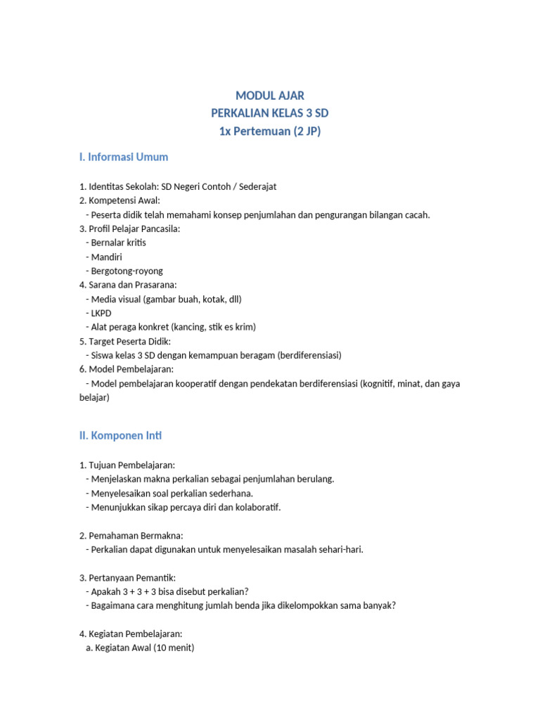 Modul Ajar Perkalian Kelas 3 SD 2JP | PDF