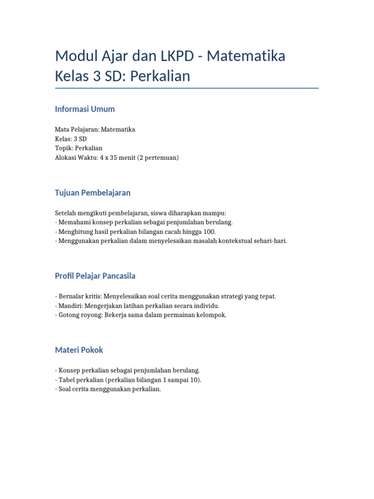 Modul Ajar Perkalian Kelas 3 SD | PDF