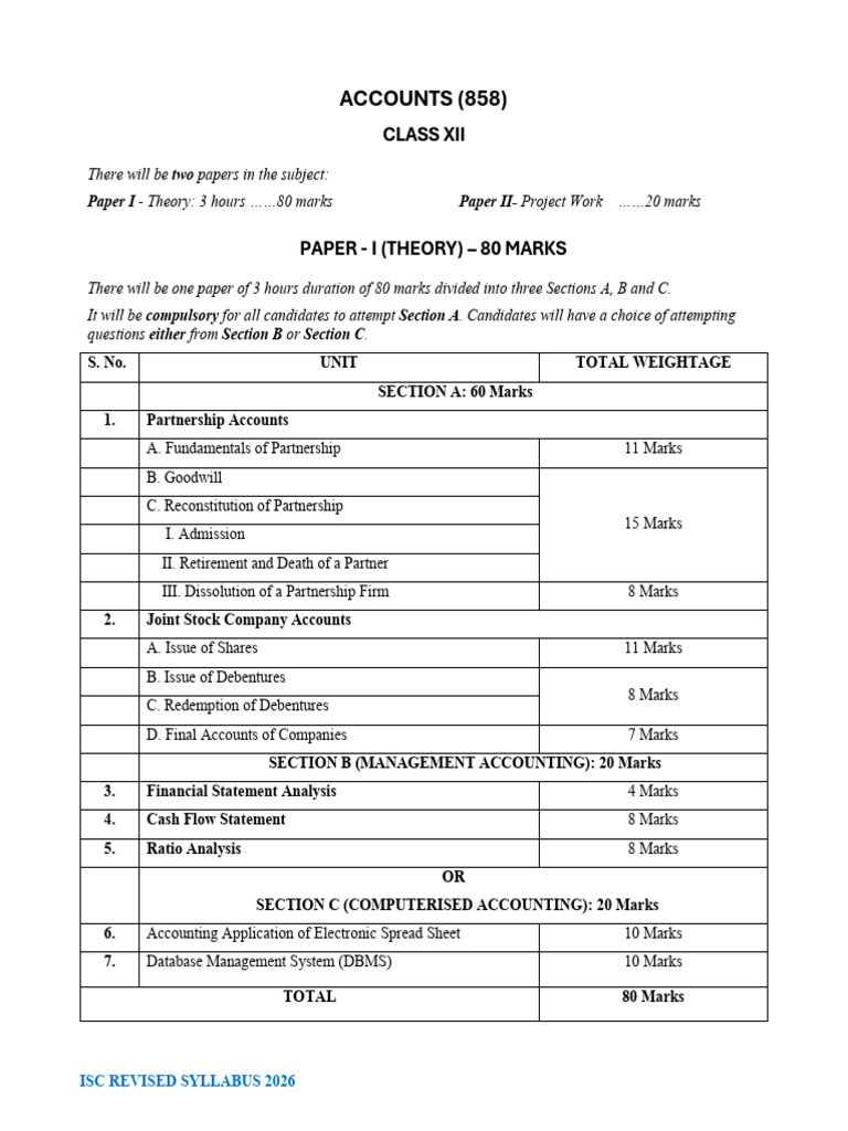 ISC Class XII Accounts Syllabus 2026 | PDF | Dividend | Balance Sheet