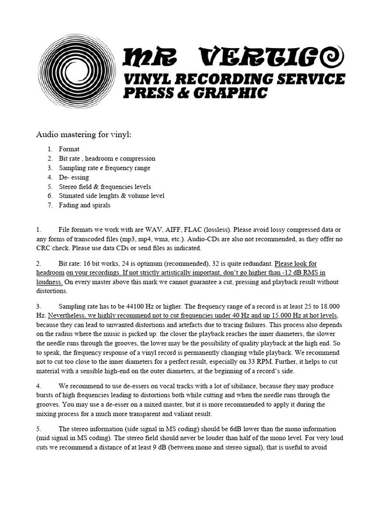 Vinyl Mastering Guidelines | PDF | Data Compression | Sound Technology