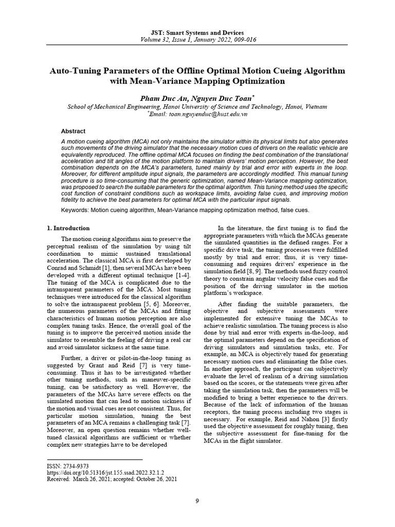 Auto-Tuning Parameters of The Offline Optimal Motion Cueing Algorithm With Mean-Variance Mapping ...